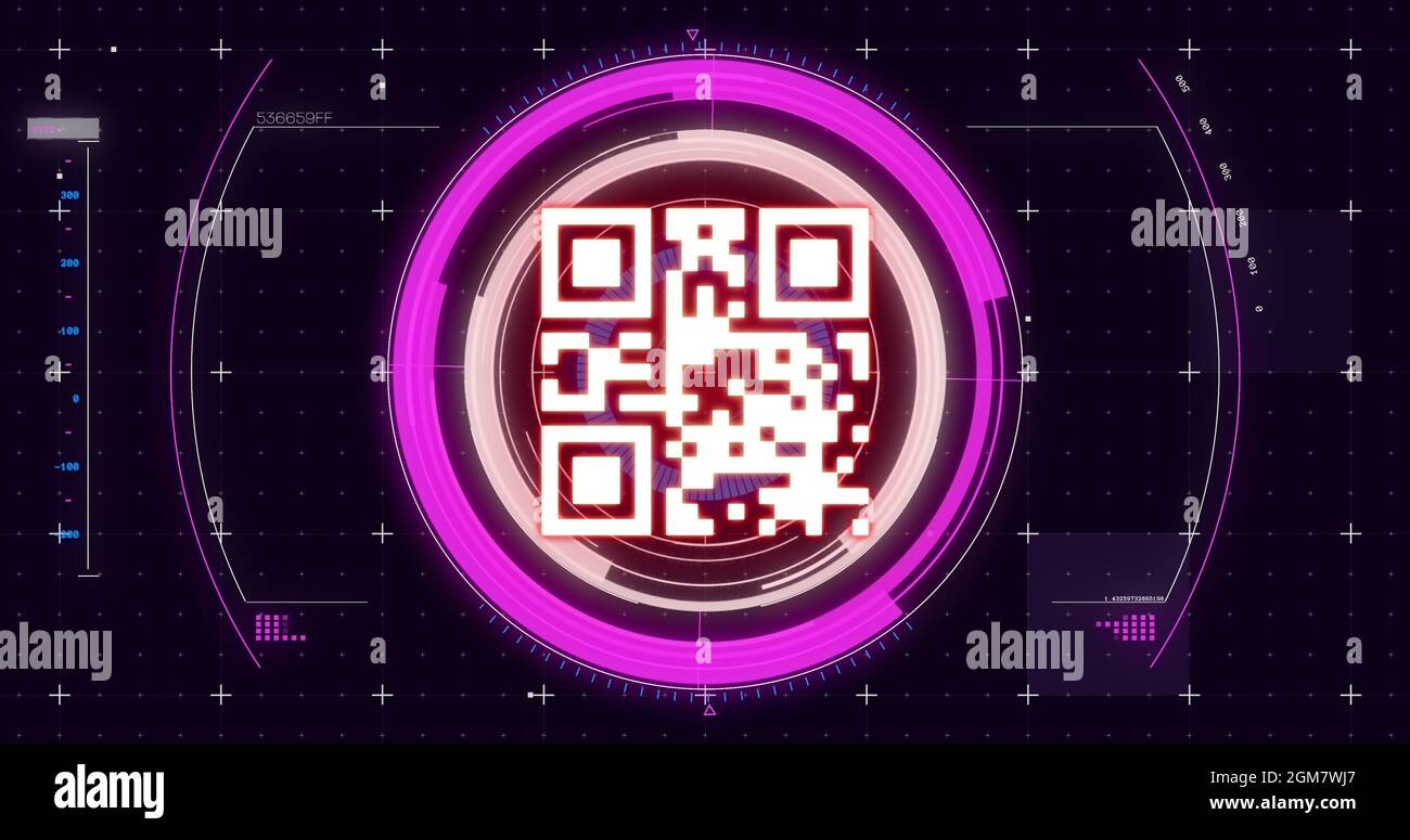 Digital image of qr code scanner over neon round scanner on blue ... Digital image of qr code scanner over neon round scanner on blue ...