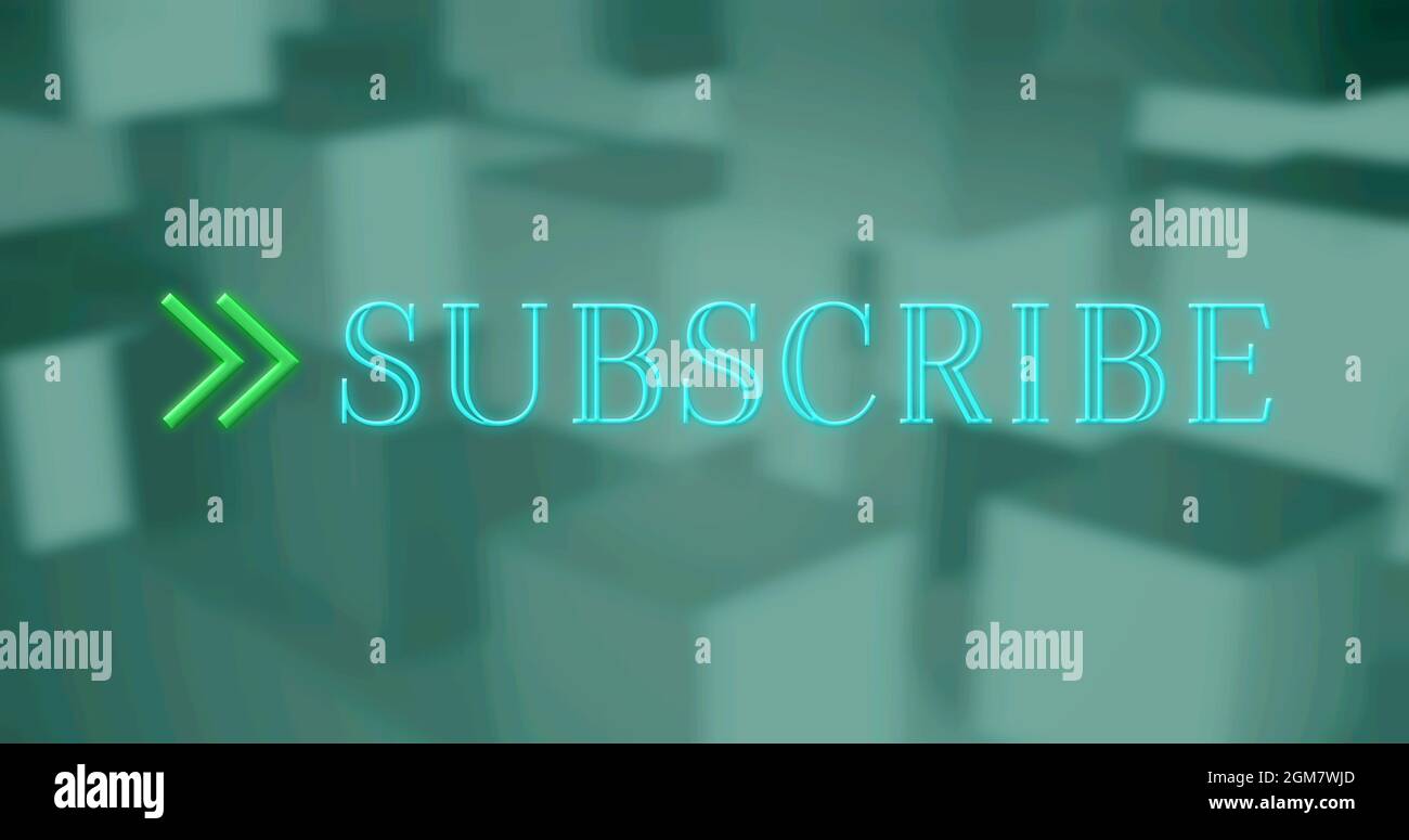 Digital image of glowing neon subscribe text against multiple blocks ...
