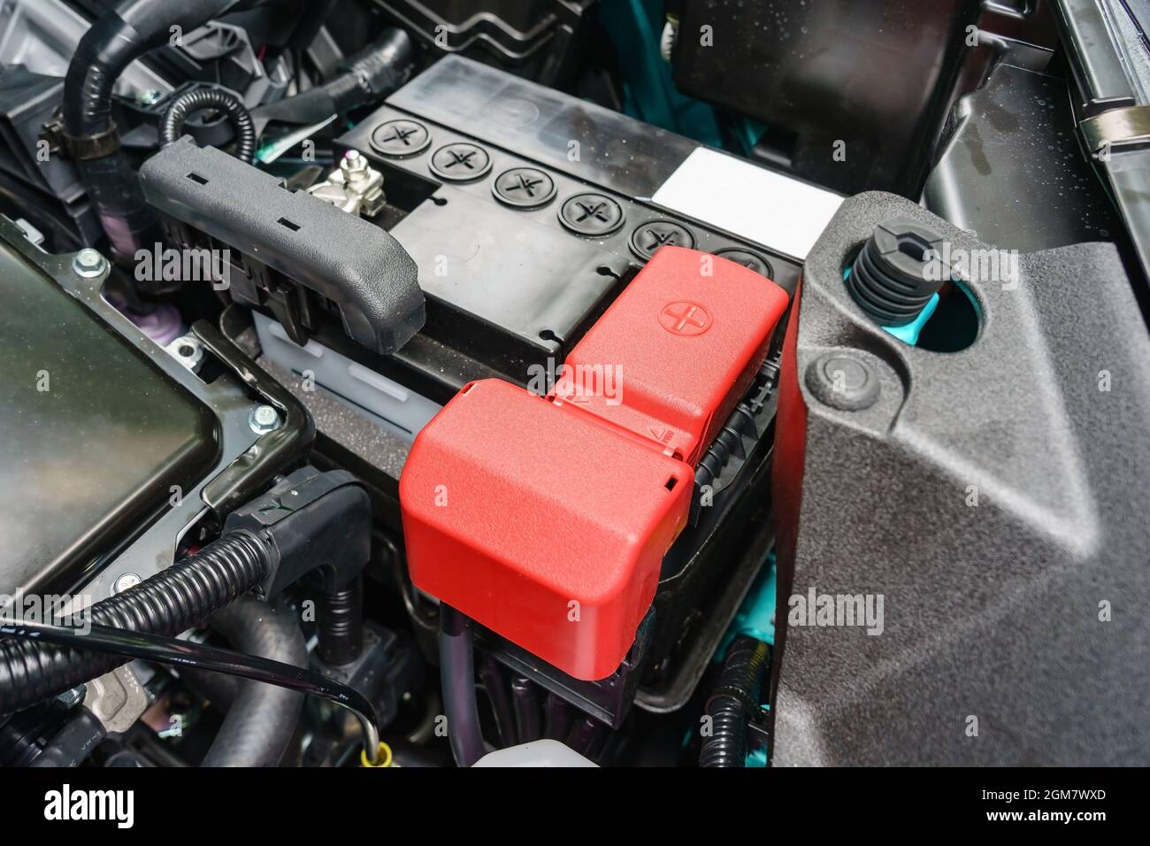 close-up on new small eco car battery installed in the compartment ...