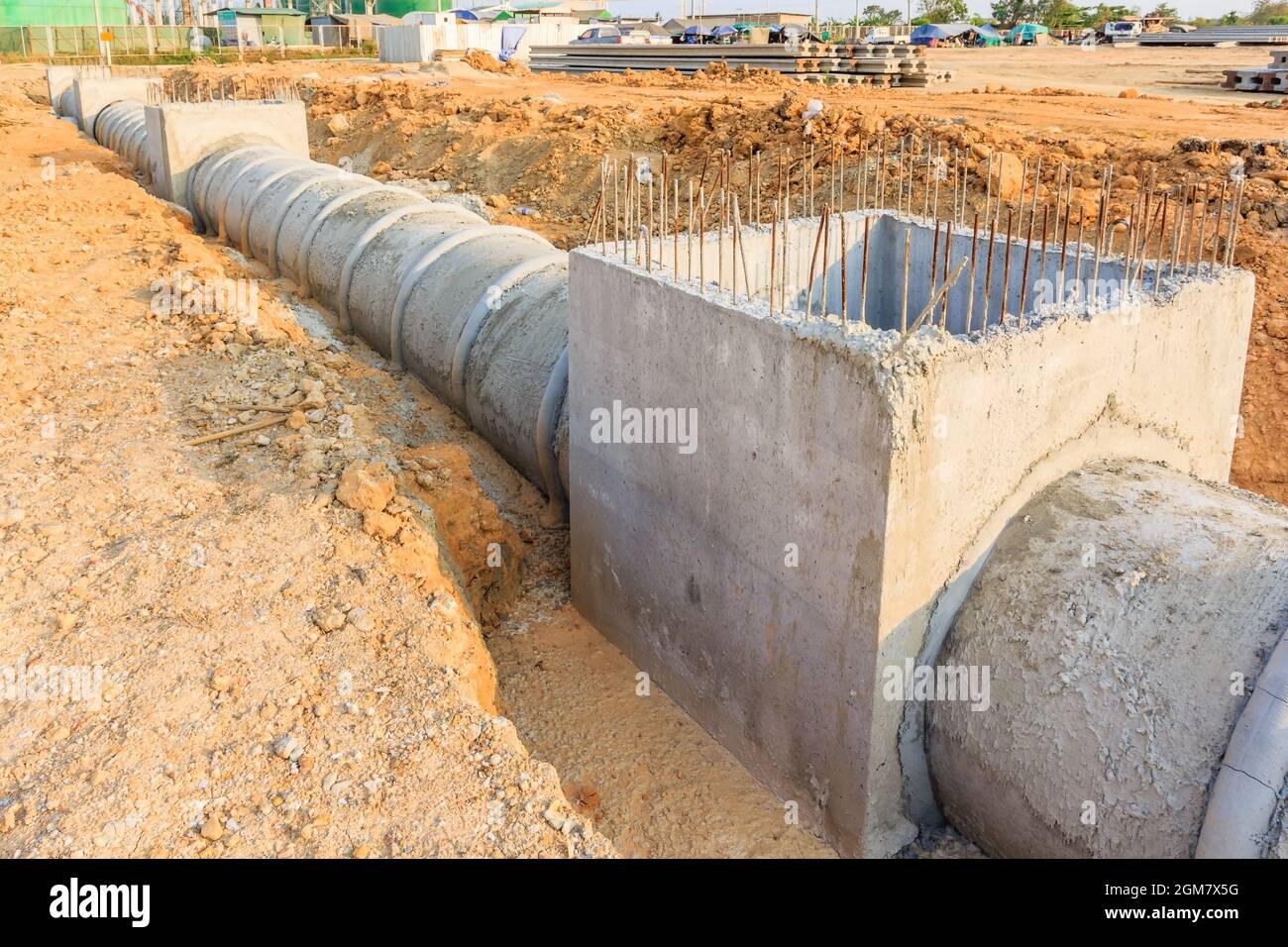 Concrete Drainage Pipe and manhole on a construction Site .Concrete ...