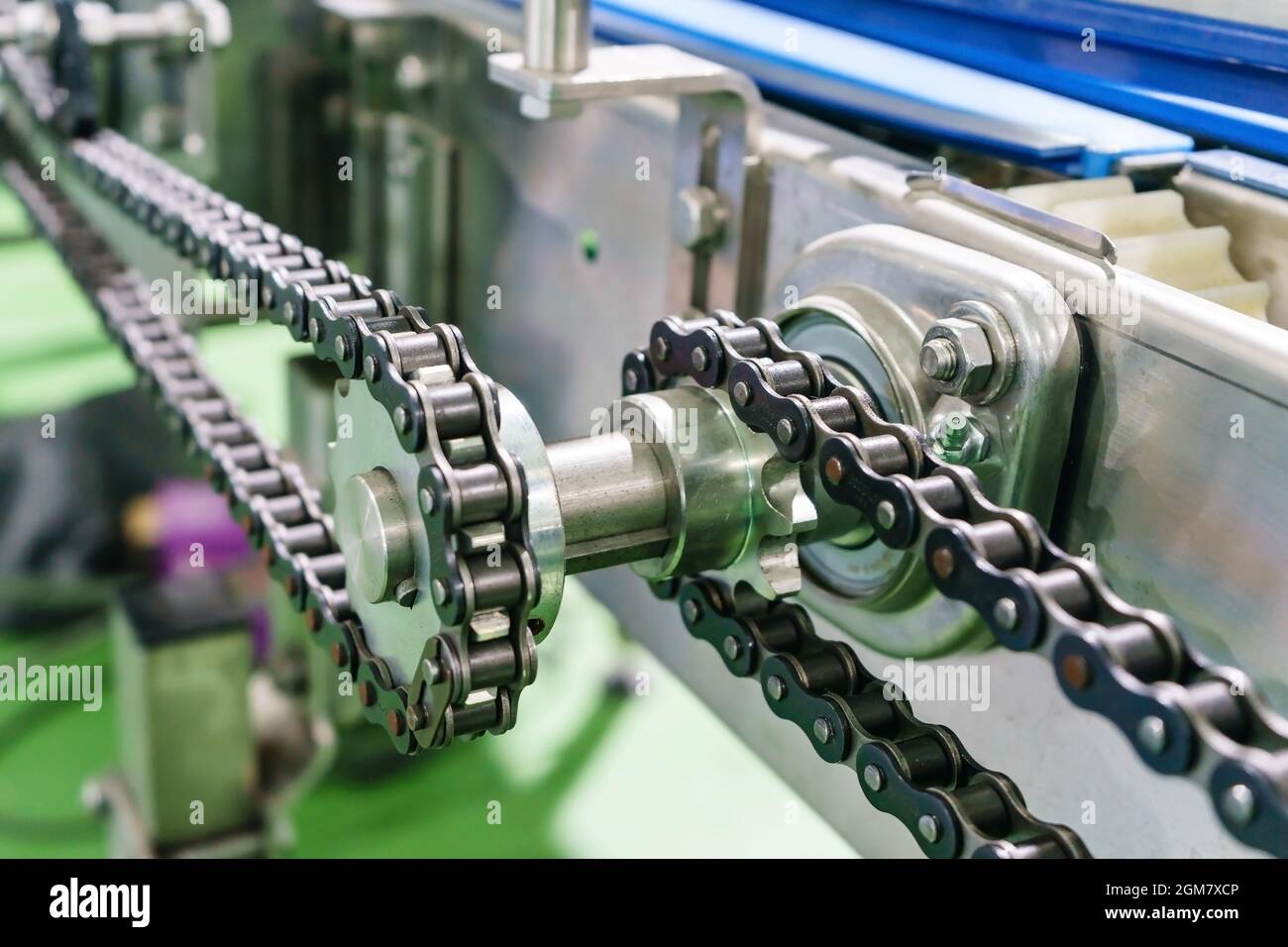 Gear and chain drive shaft in conveyor chain, and conveyor belt is on ...