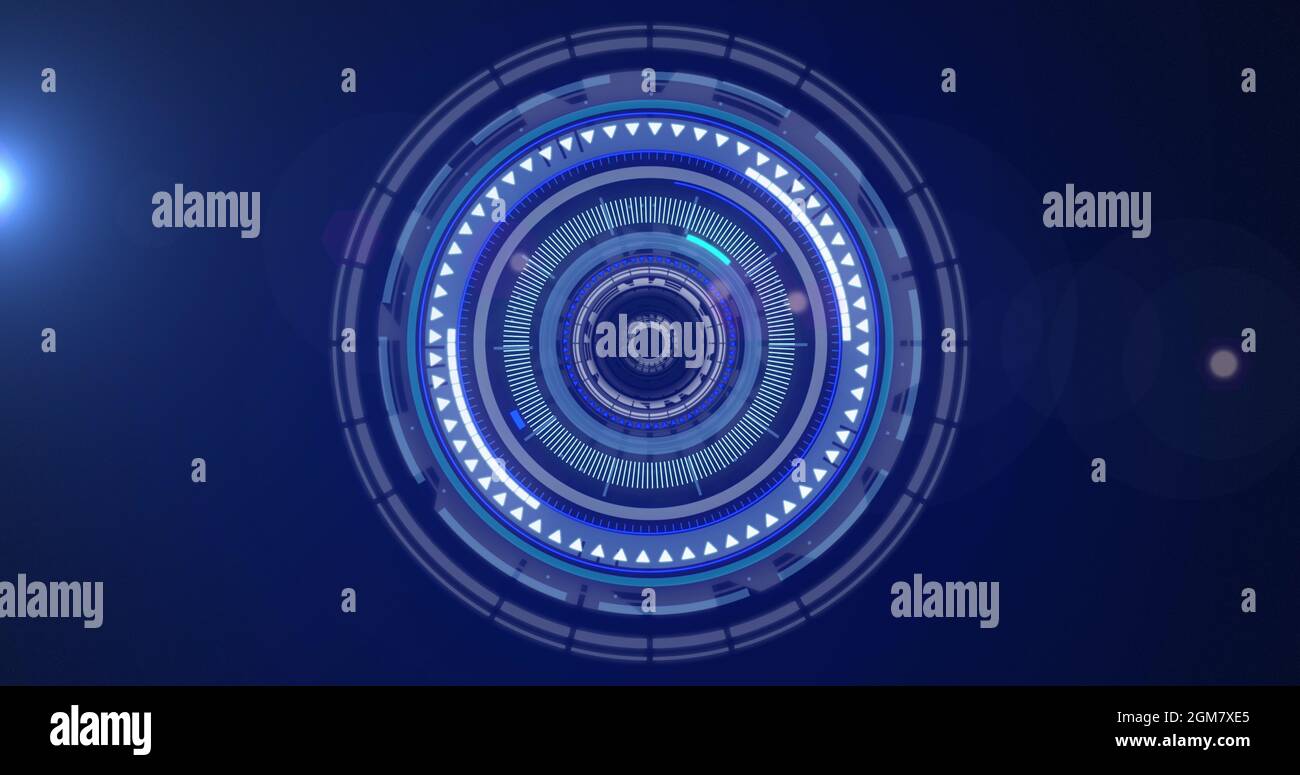 Digital image of spot of light and neon round scanner spinning against ...