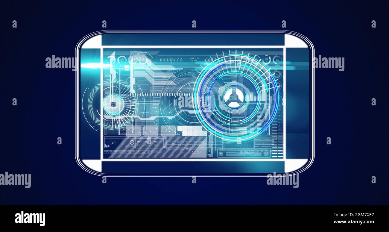 Neon round scanner spinning over digital interface with data processing against blue background ...