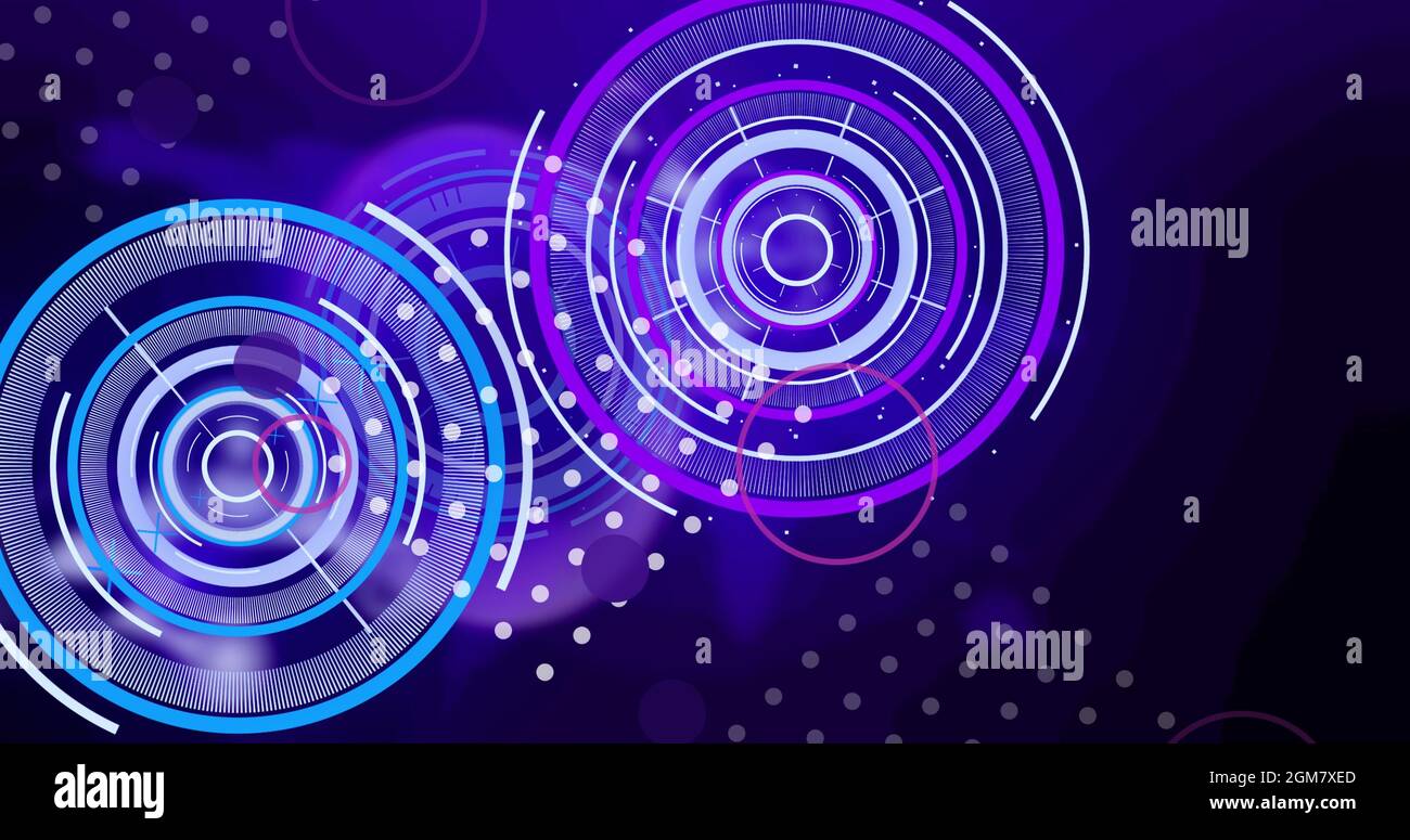 Digital image of spot of light over multiple neon round scanner spinning against blue background ...