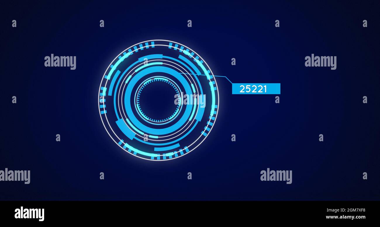 Digital image of increasing numbers over neon round scanner spinning ... Digital image of increasing numbers over neon round scanner spinning ...