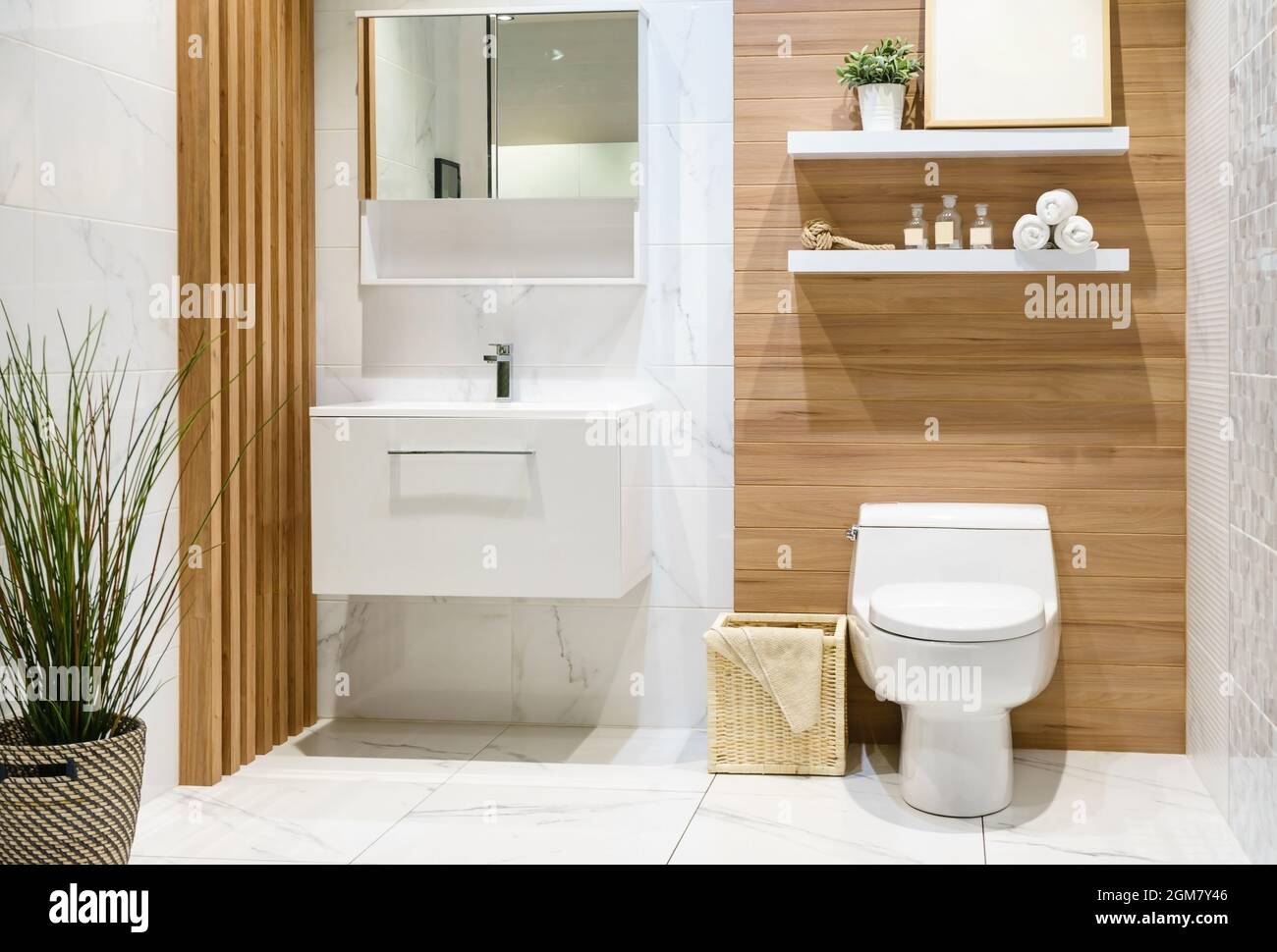 Modern spacious bathroom with bright tiles with toilet and sink. Side ...