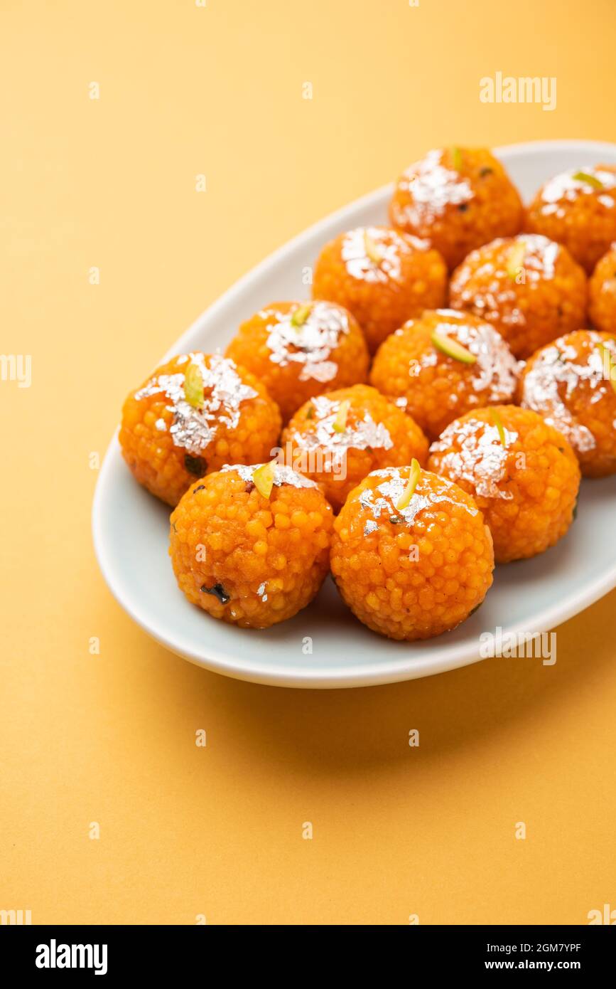 indian sweet motichoor laddoo or Bundi laddu made of gram flour very ...