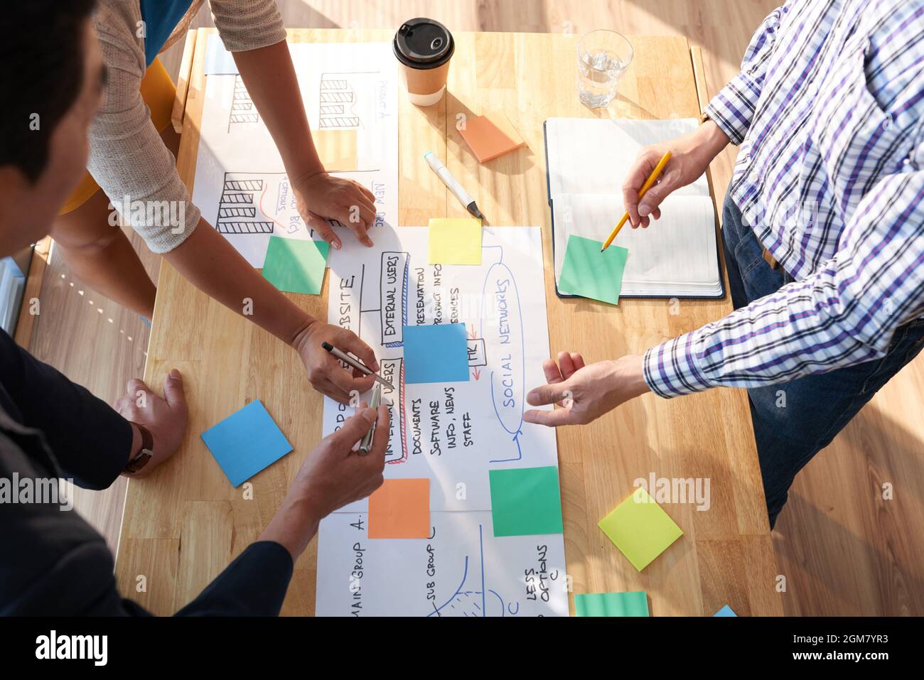 Group of business people discussing big project and writing main ...