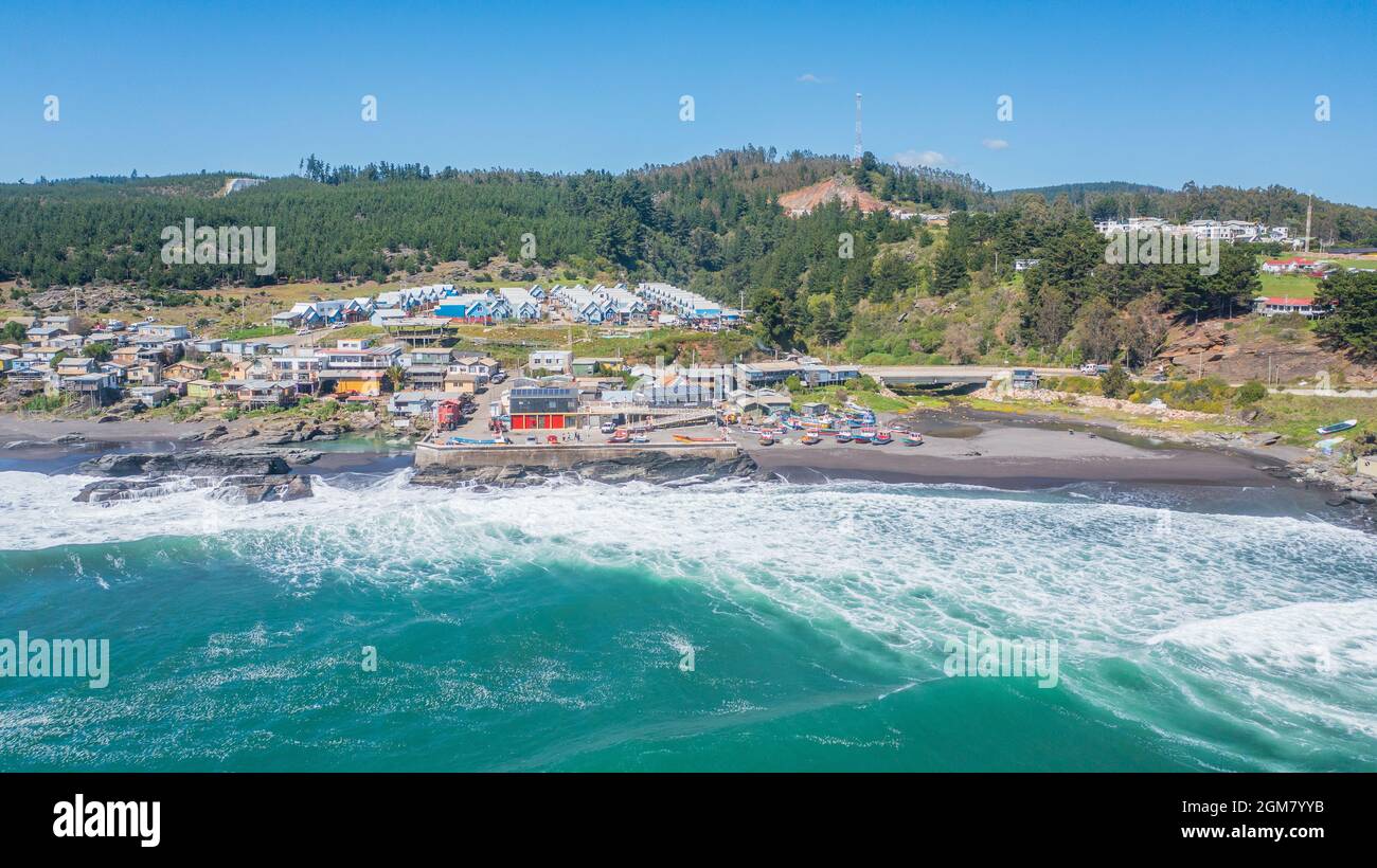 Caleta Pellines, Constitucion, Maule CHILE Aerial view from drone ...