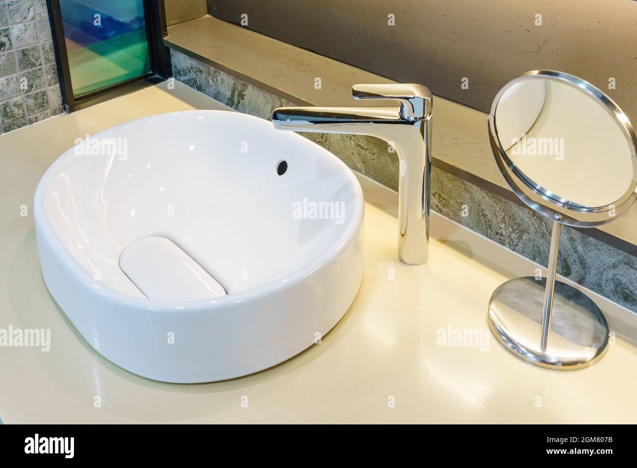Interior of bathroom with sink basin faucet and mirror. Modern design ...