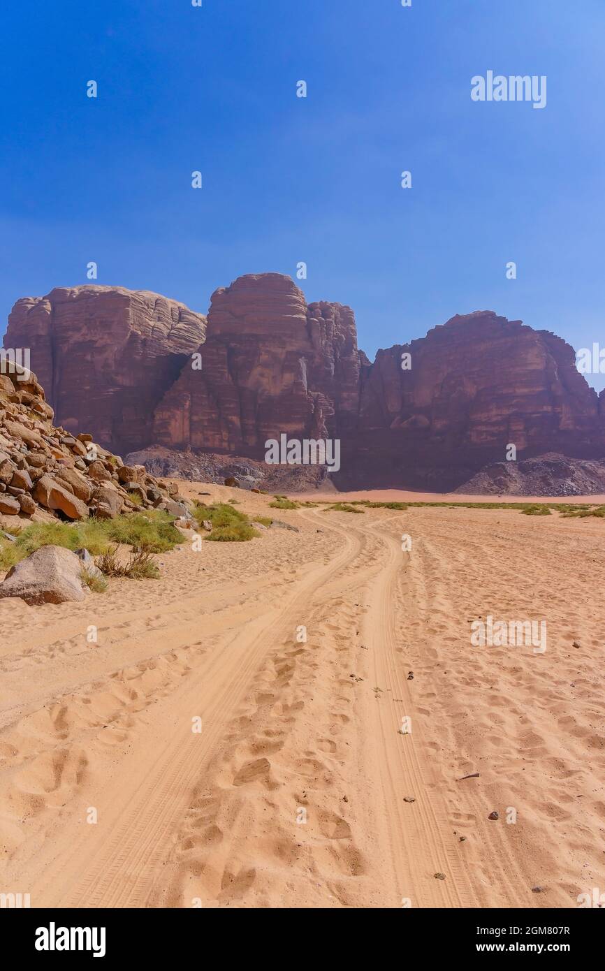 Red mountains of Wadi Rum desert in Jordan. Wadi Rum also known as The ...