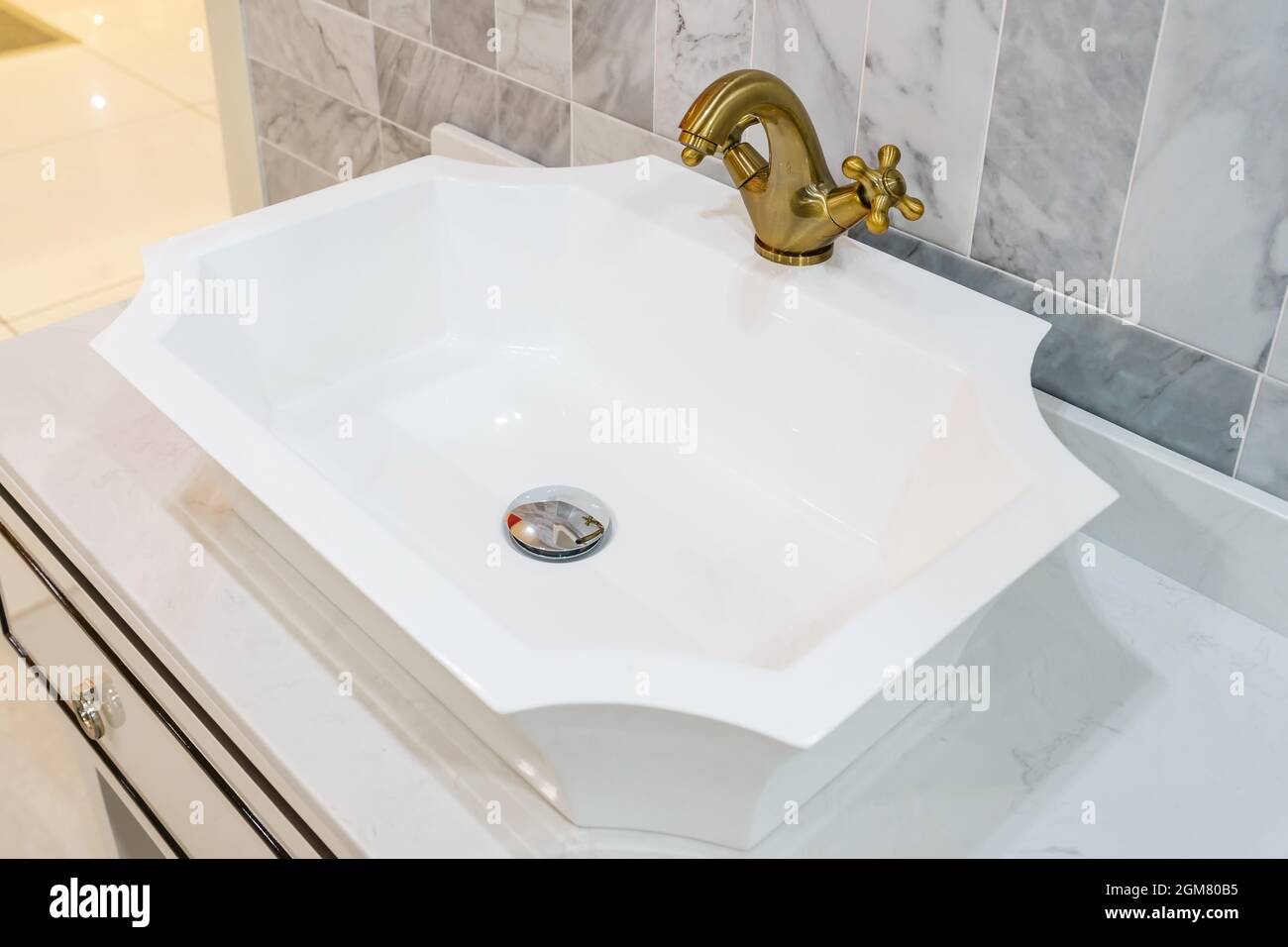 Interior of bathroom with sink basin faucet and mirror. Modern design ...