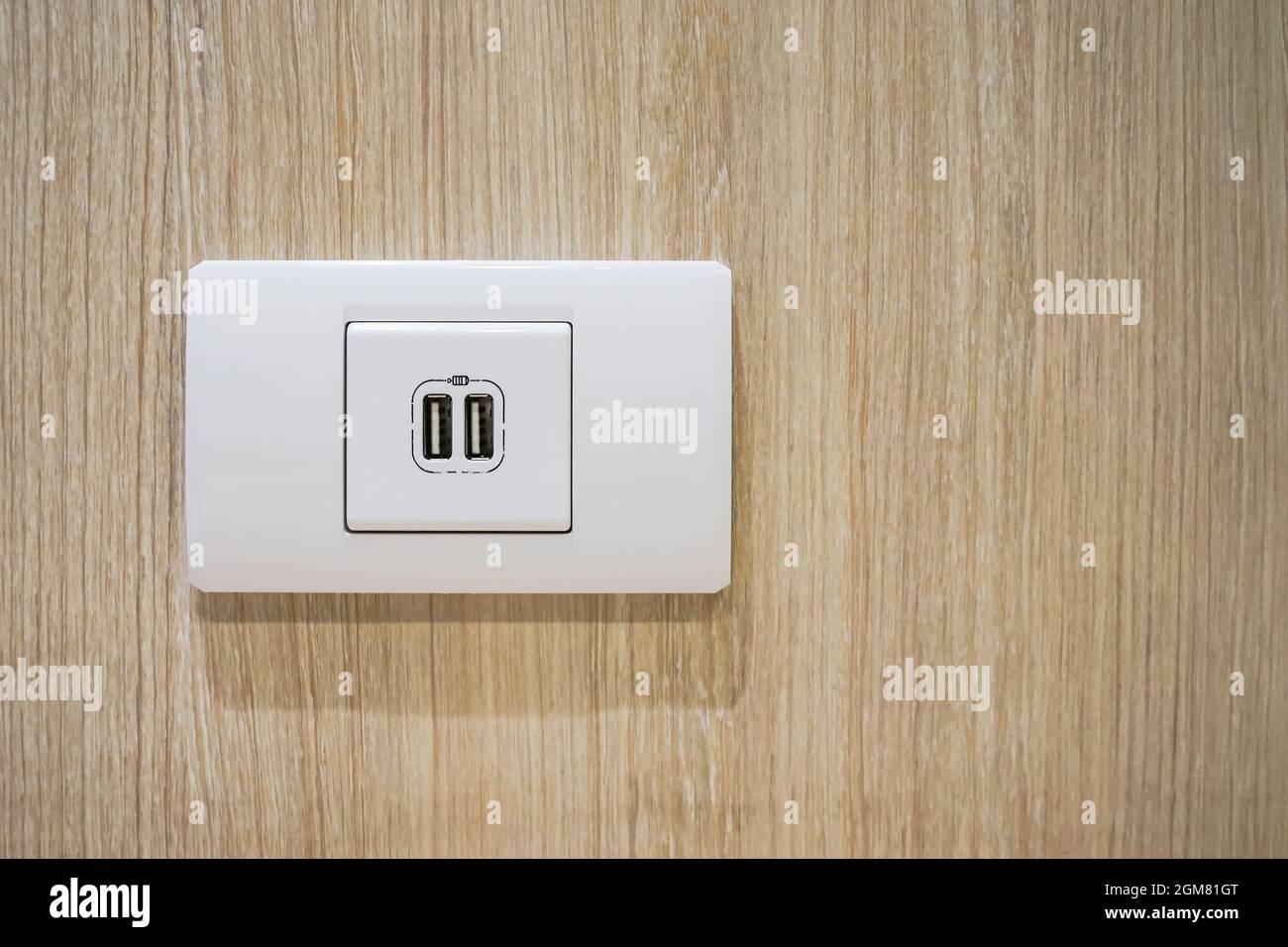 USB socket port with USB signage icon on wooden wall background ...