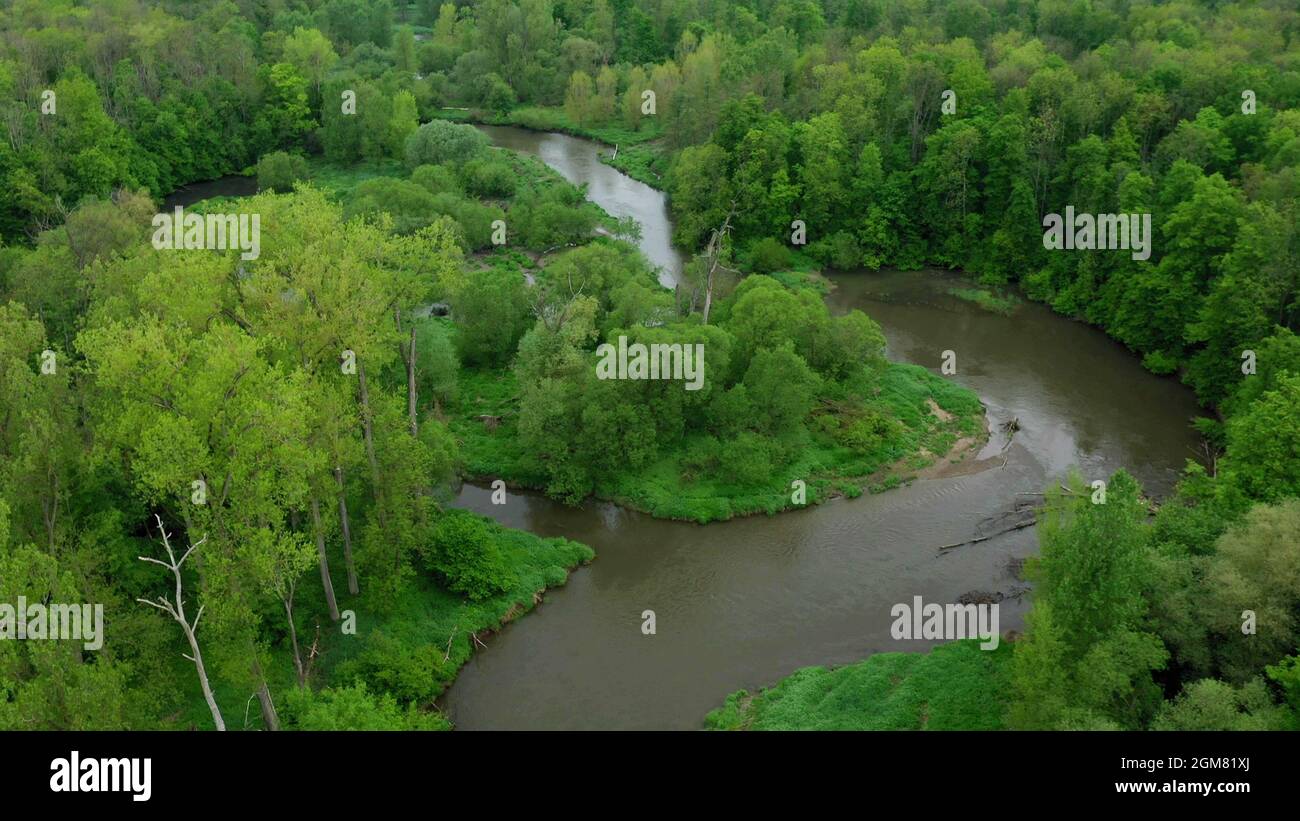 Inland river delta river meander dron aerial video shot in floodplain ...