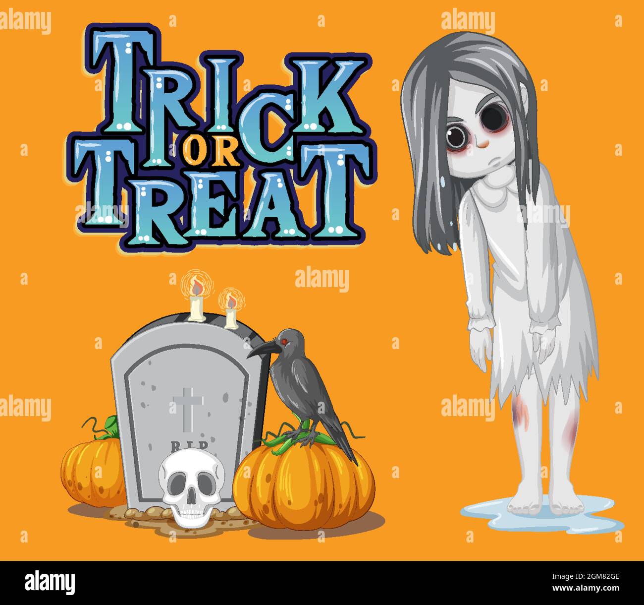 Trick or Treat text logo with ghost girl and gravestone illustration ...