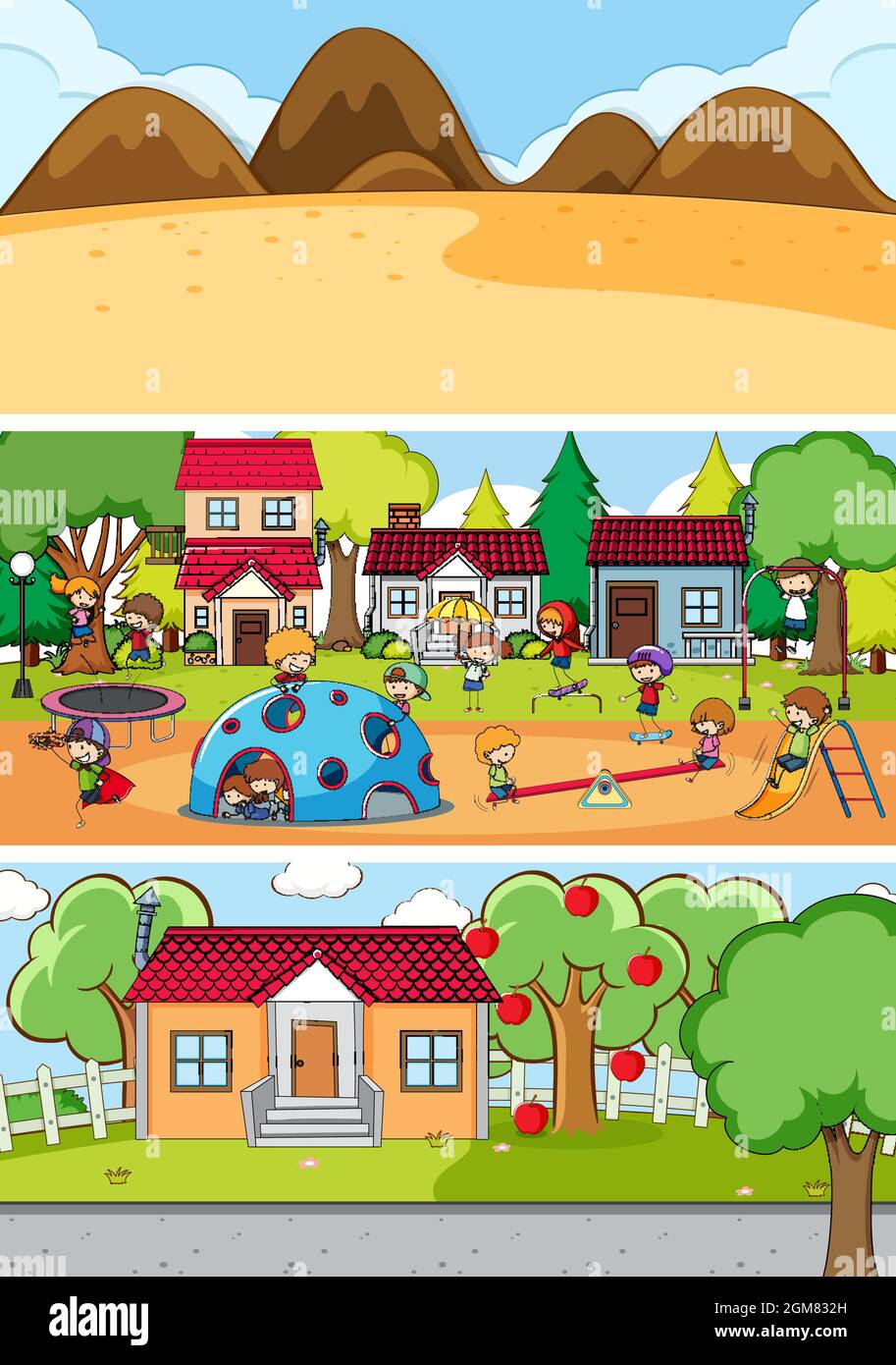 Set of different horizontal scenes background with doodle kids cartoon ...