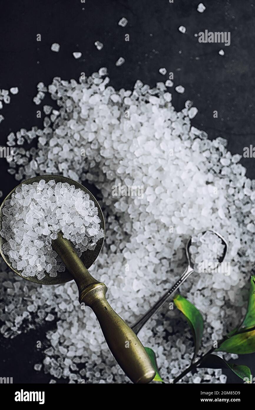 Large sea salt. Spice. Mortar and pestle for grinding salt Stock Photo ...