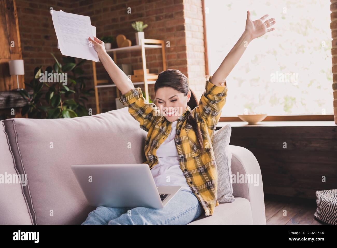 Portrait of excited astonished attractive person raise hands celebrate ...