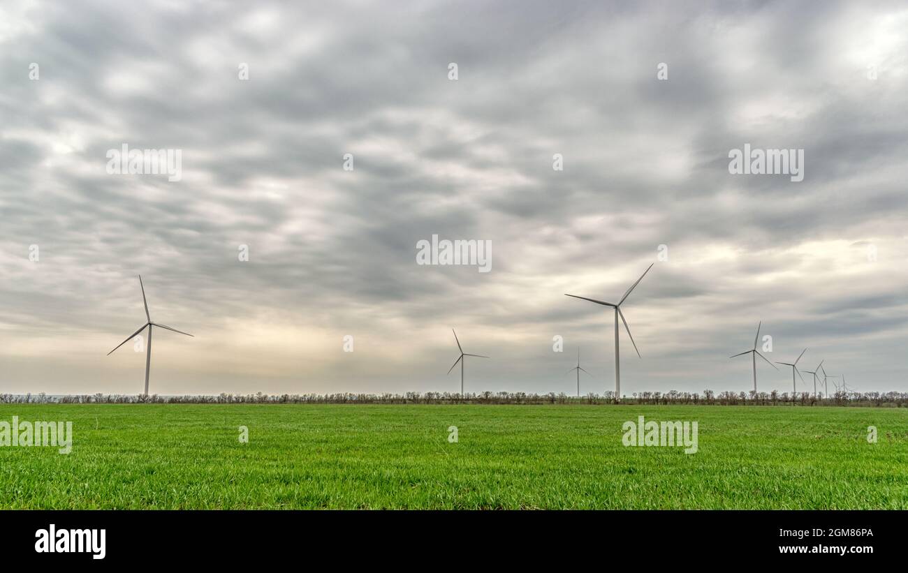 Wind turbines generating electricity in a green field. Green power ...