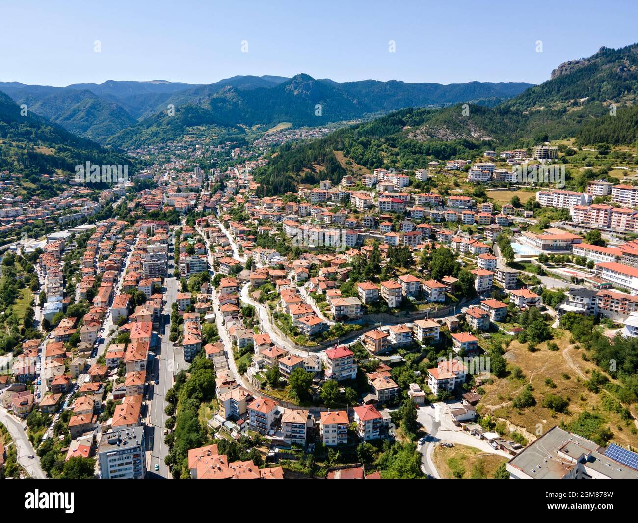 Amazing Aerial view of Center of the town of Smolyan, Bulgaria Stock ...