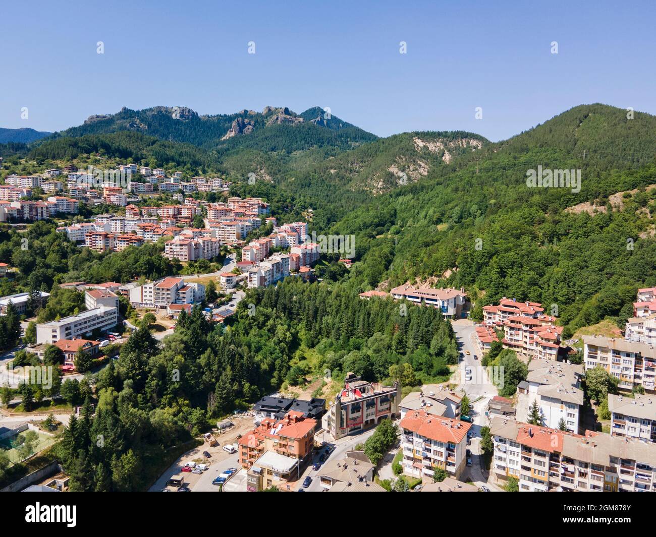 Amazing Aerial view of Center of the town of Smolyan, Bulgaria Stock ...