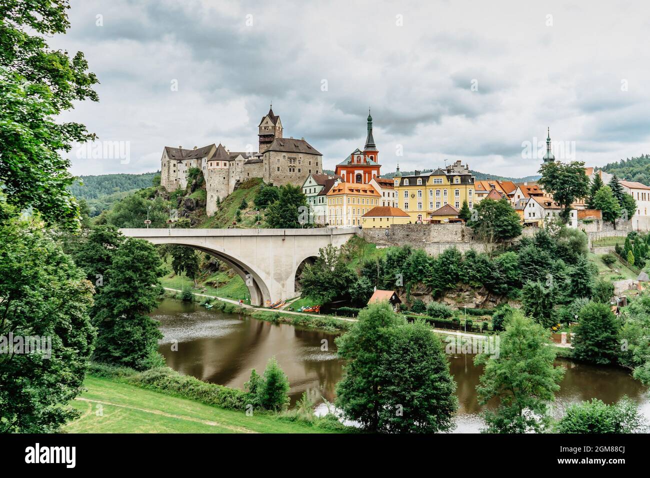 Panoramic view of famous medieval town of Loket,Elbogen, with colorful ...