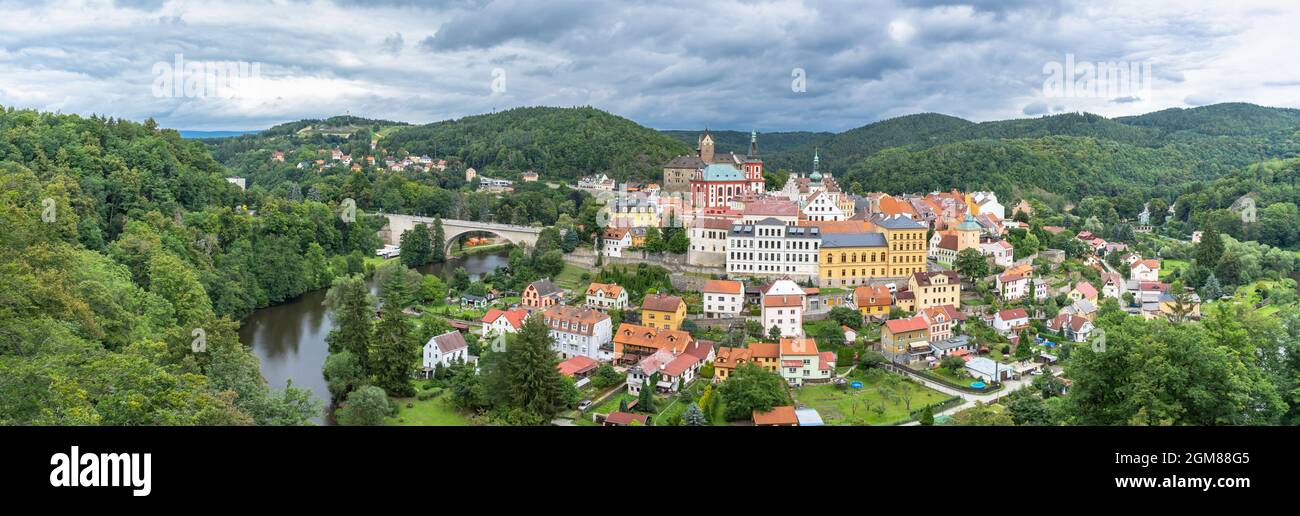 Panoramic view of famous medieval town of Loket,Elbogen, with colorful ...