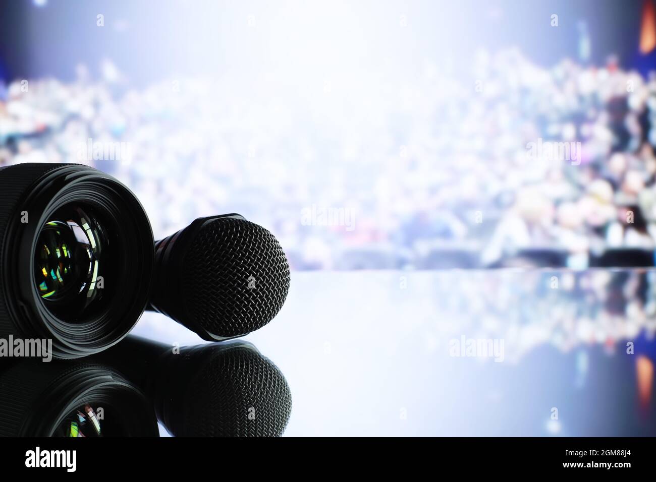 The microphone on the stage in front of the hall. Performance on stage ...