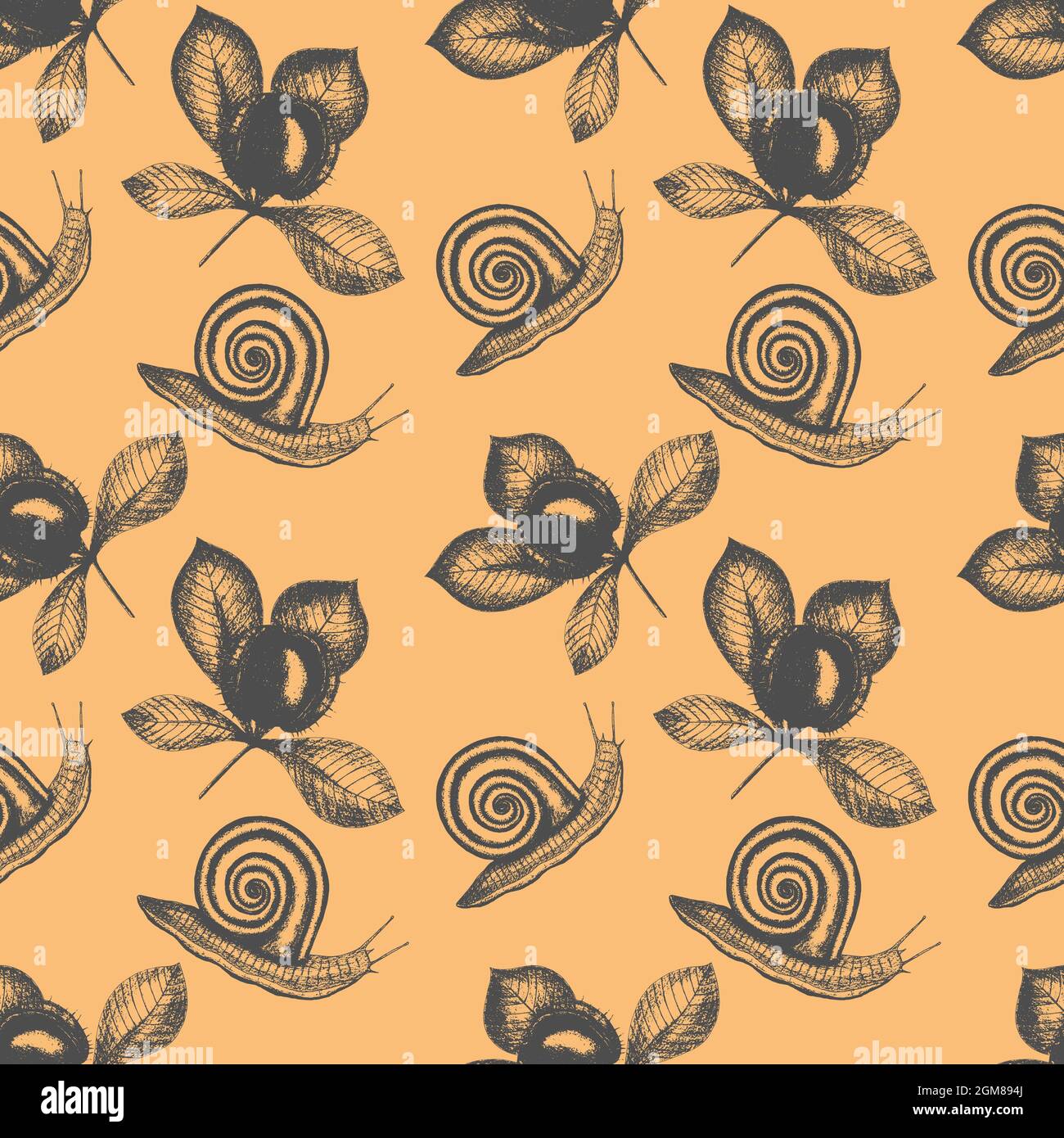 Pattern autumn snail and chestnut, hand drawing, stamp, silhouette ...