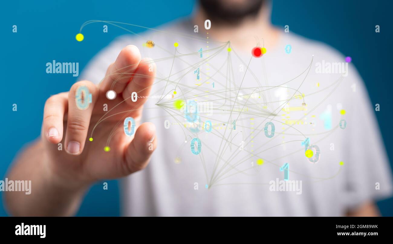 3D rendering of a male's hand touching the digital binary codes ...