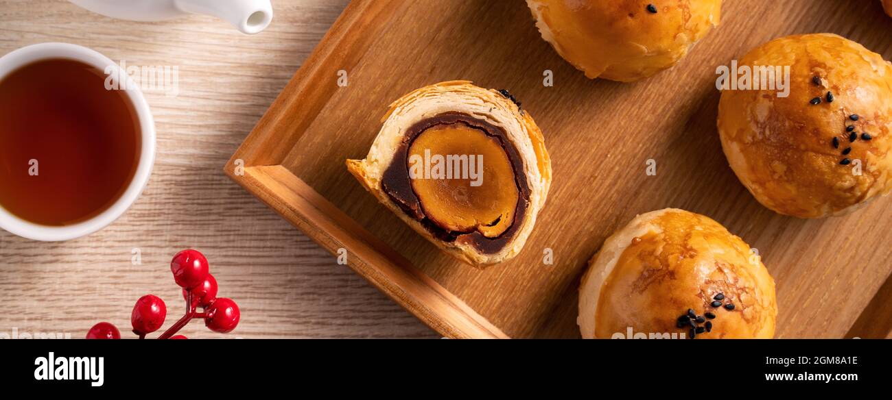 Top view design concept of Moon cake yolk pastry, mooncake for Mid ...