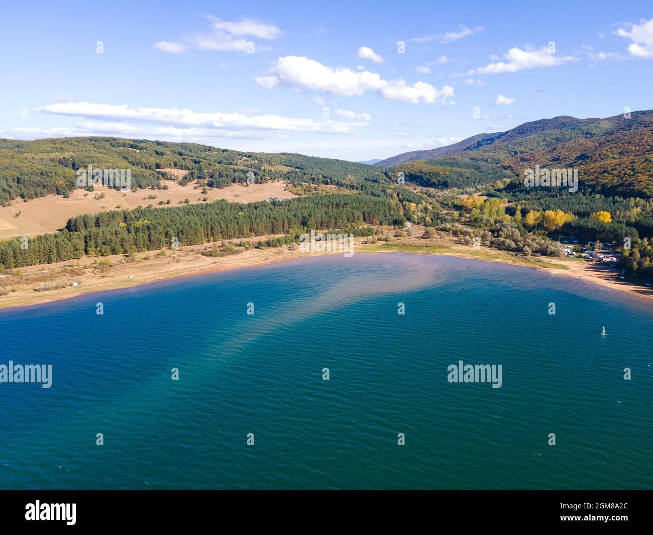 Aerial sunset view of Iskar Reservoir near city of Sofia, Bulgaria ...