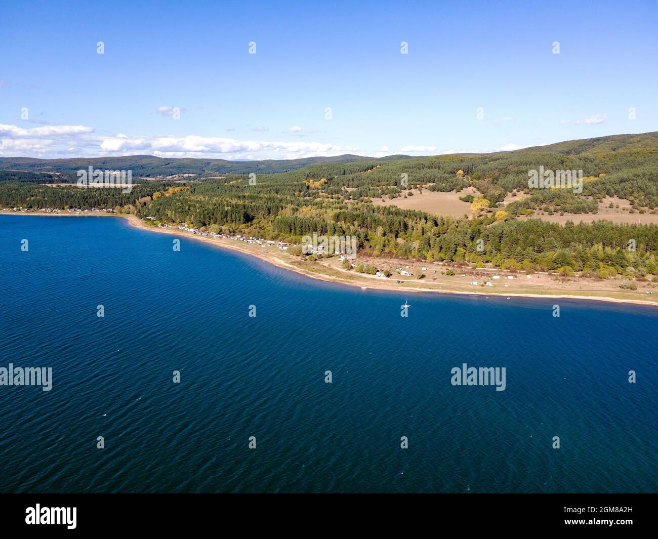 Aerial sunset view of Iskar Reservoir near city of Sofia, Bulgaria ...