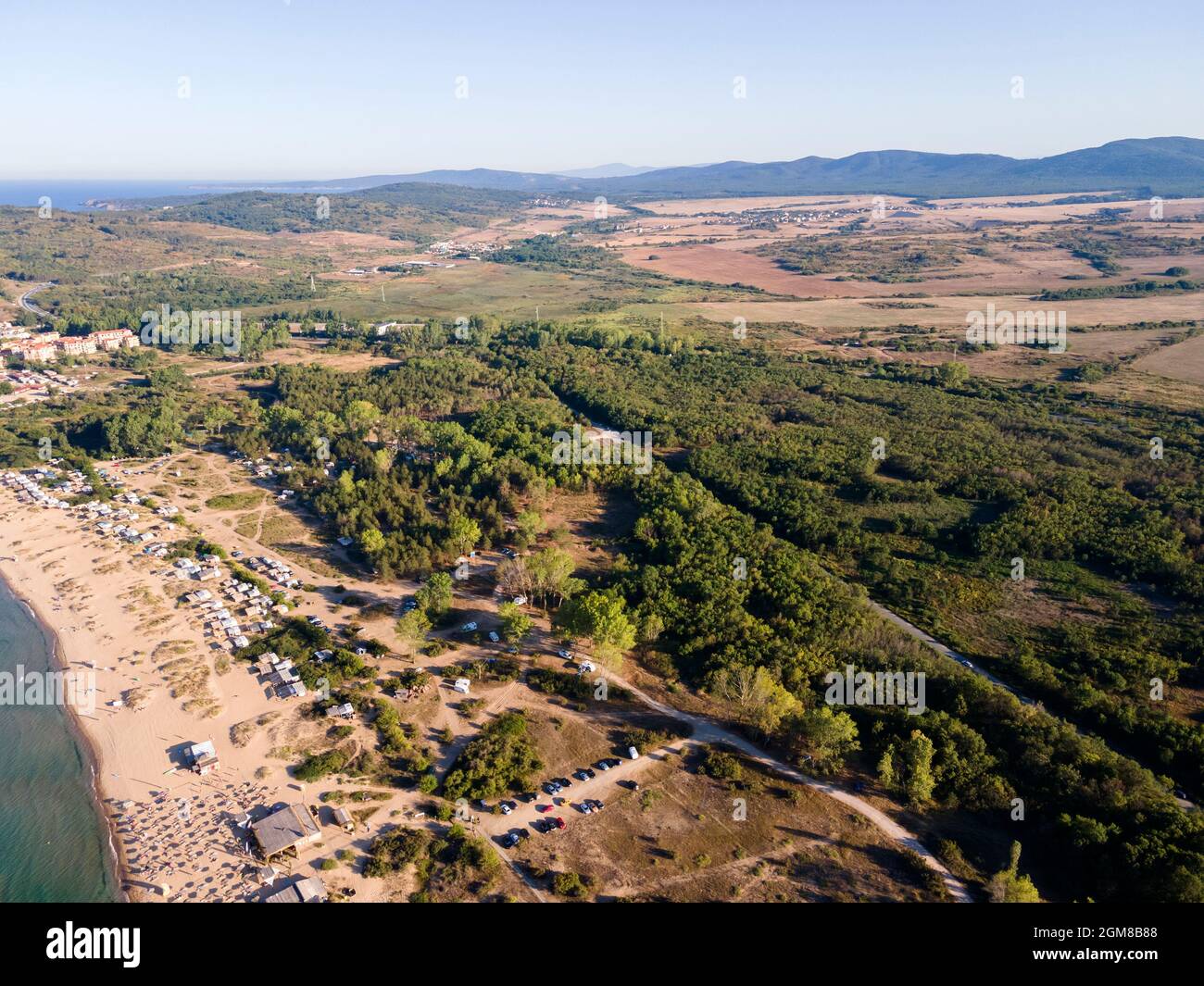 Aerial view of Gradina (Garden) Beach near town of Sozopol, Burgas ...