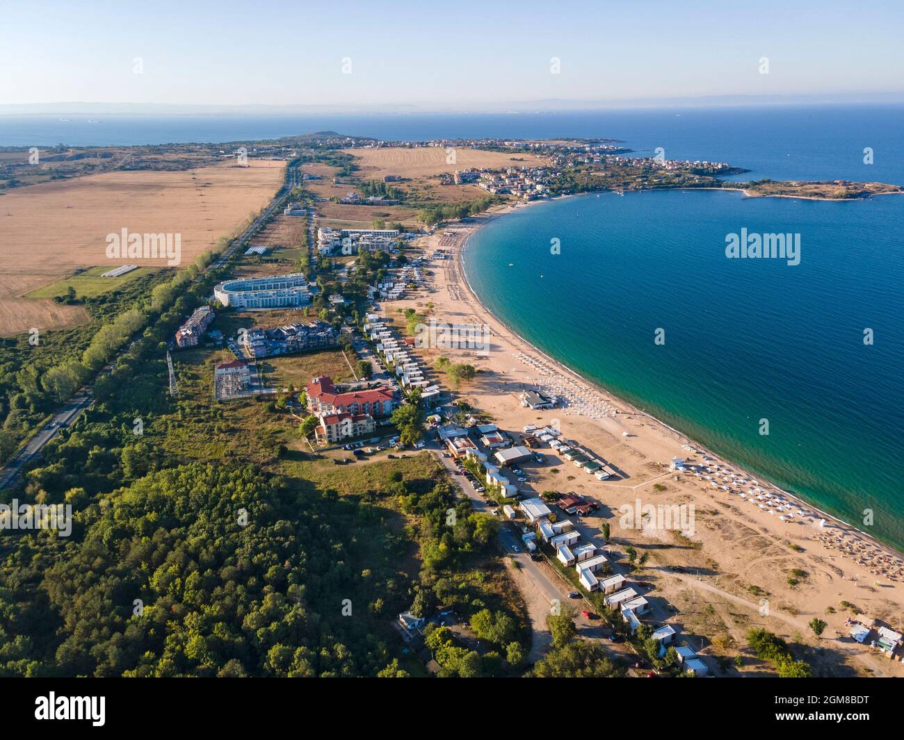 Aerial view of Gradina (Garden) Beach near town of Sozopol, Burgas ...