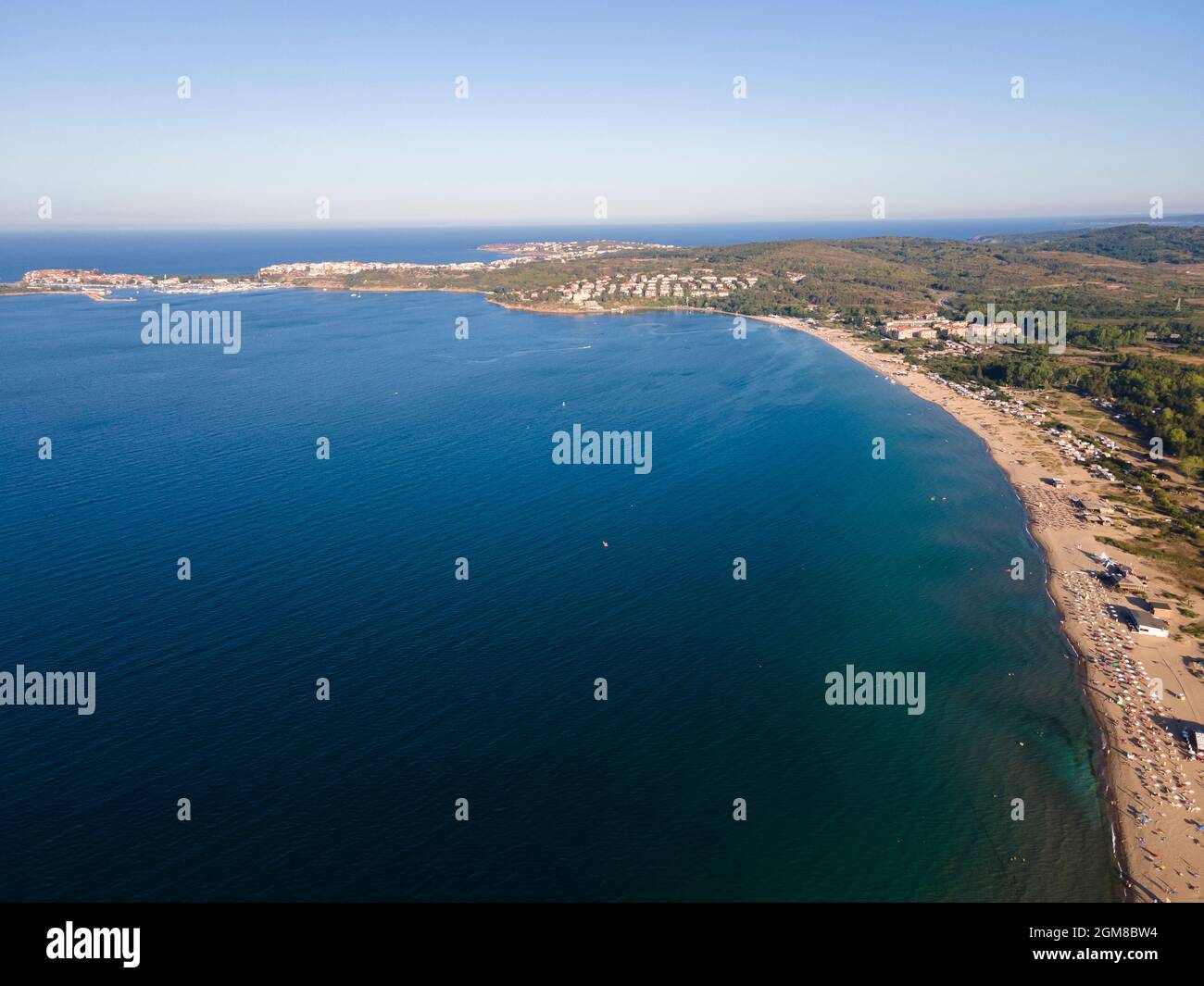 Aerial view of Gradina (Garden) Beach near town of Sozopol, Burgas ...