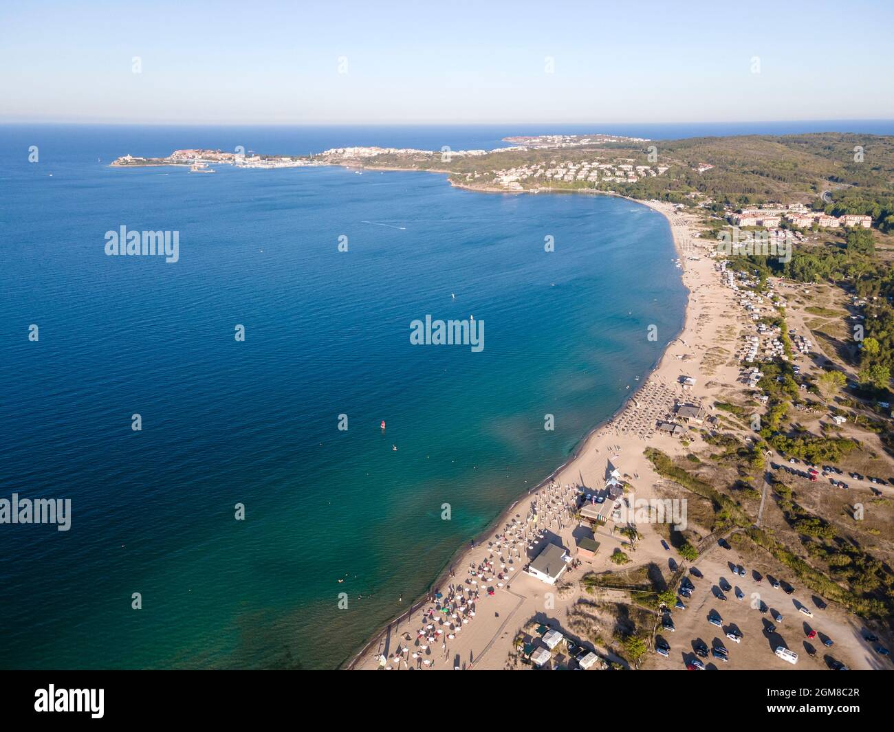 Aerial view of Gradina (Garden) Beach near town of Sozopol, Burgas ...