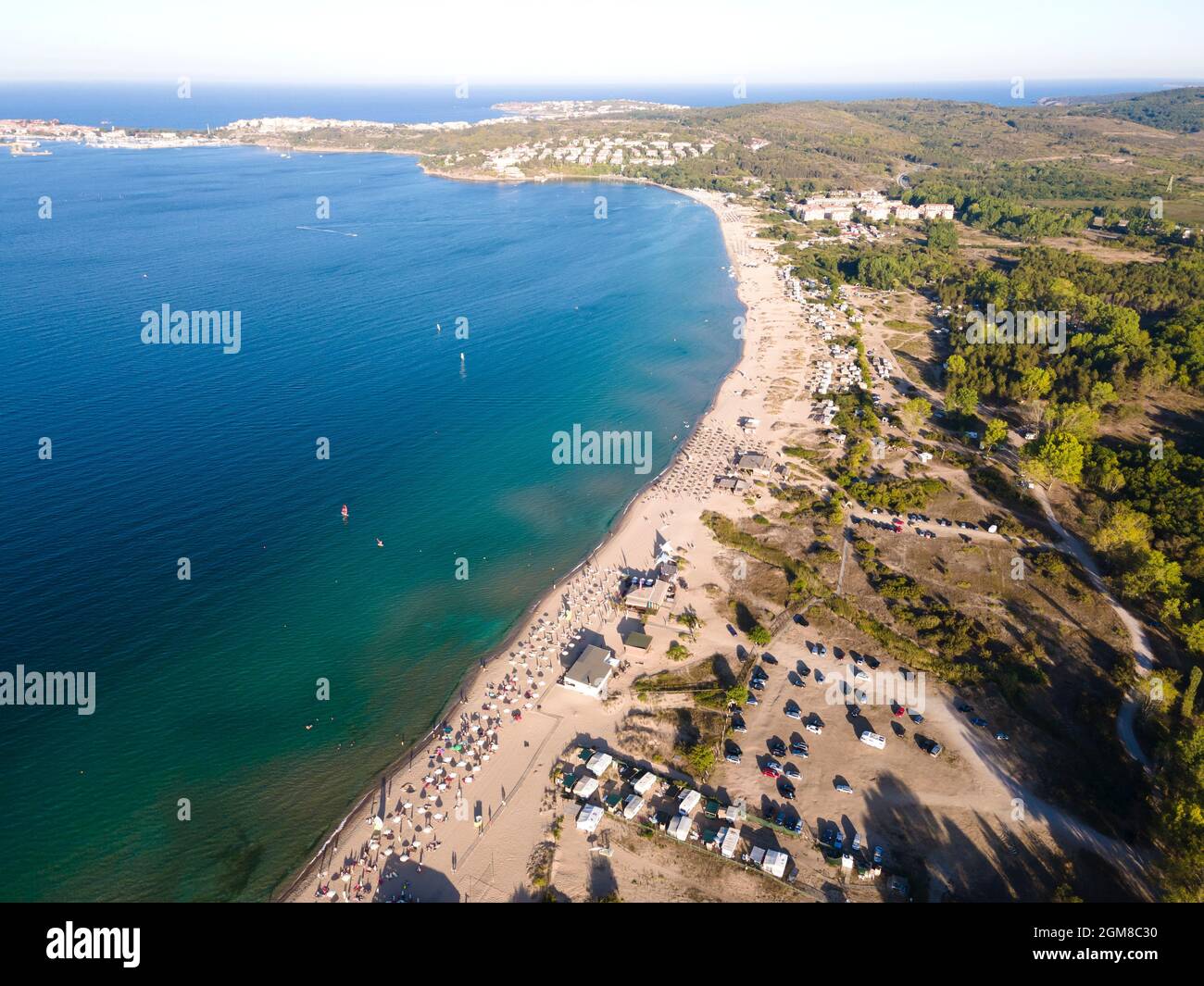 Aerial view of Gradina (Garden) Beach near town of Sozopol, Burgas ...