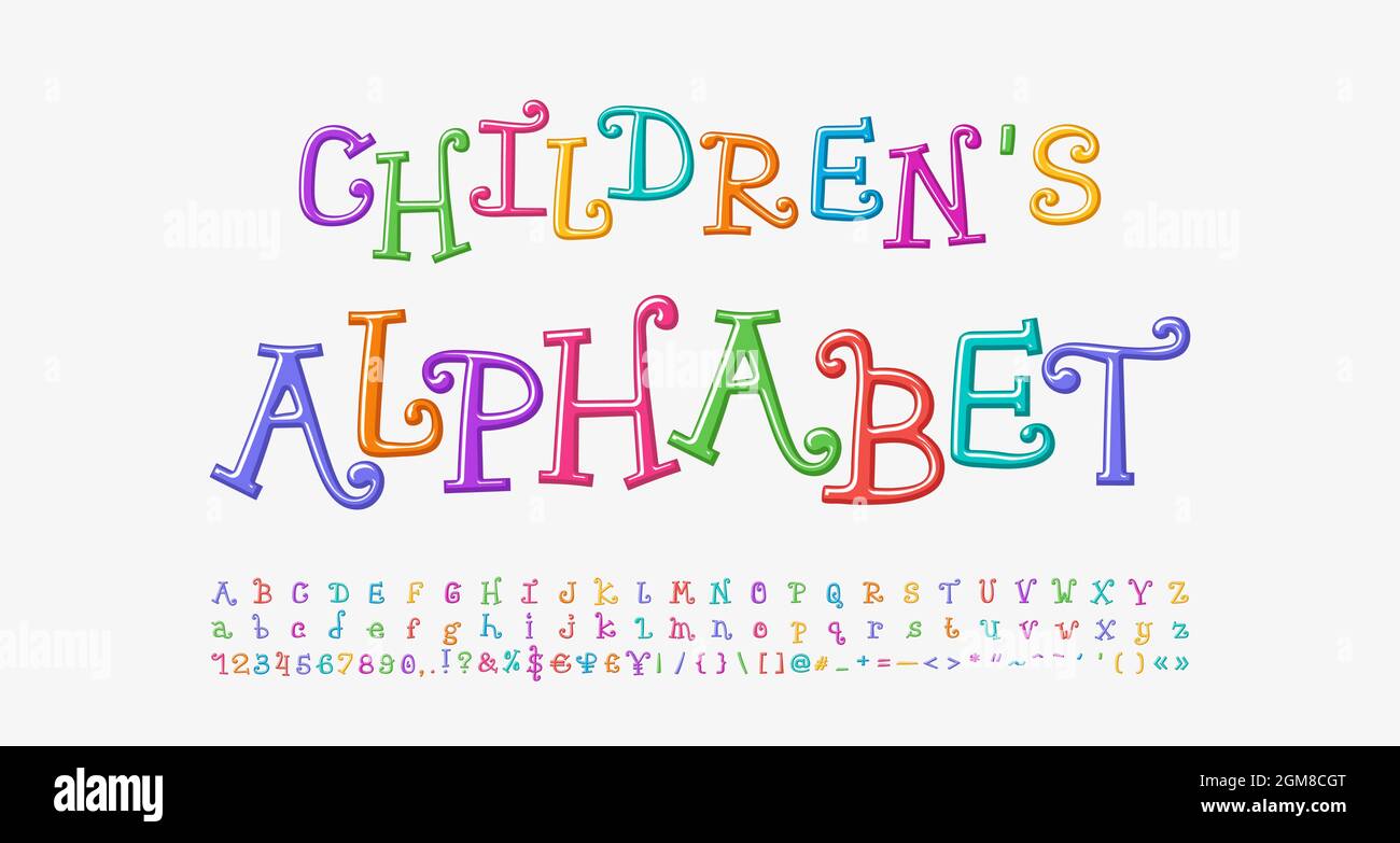 Multicolored funny curly alphabet. Cartoon font rainbow bright colors ...