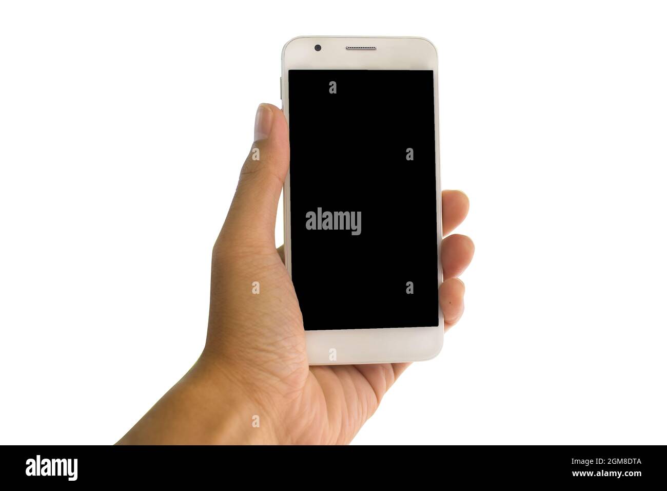 Hand holding smart phone on isolated Stock Photo - Alamy