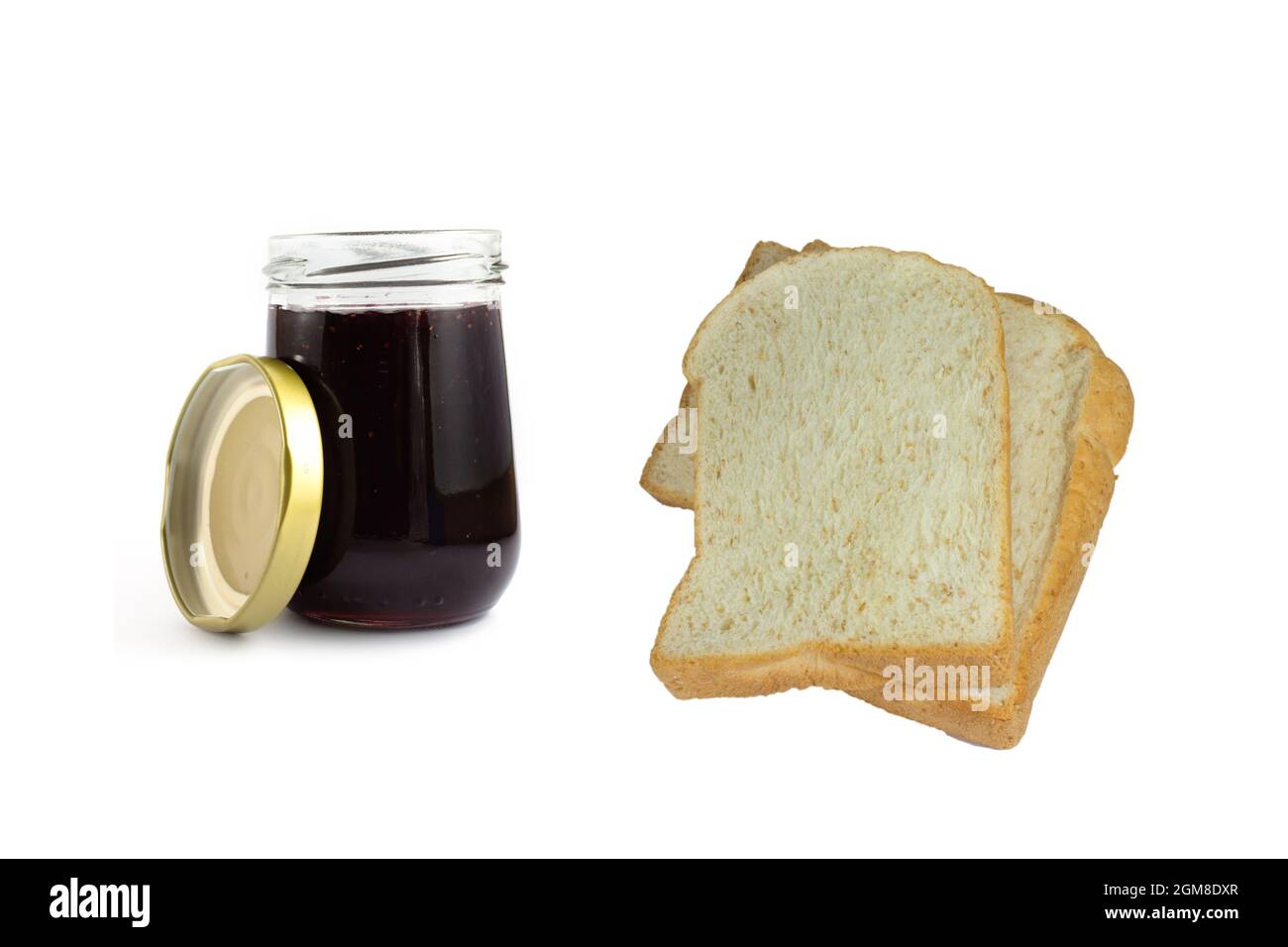 Whole wheat bread stack with grape jam on isolated white background ...