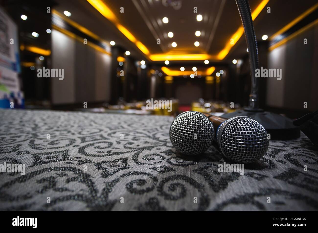 Microphone prepared on the table for meetings Stock Photo - Alamy
