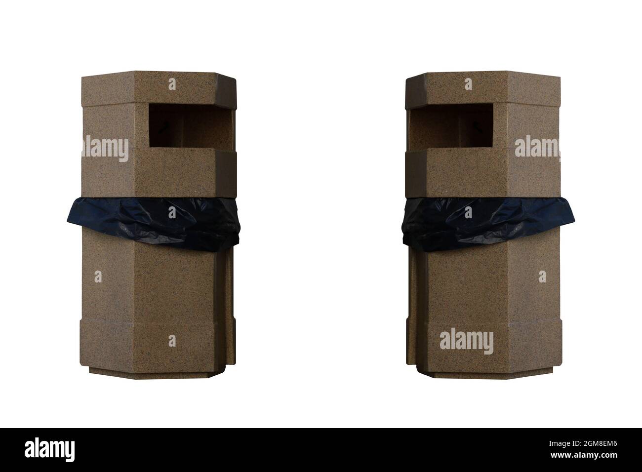 Brown plastic recycle bin and black bag isolated on white background ...