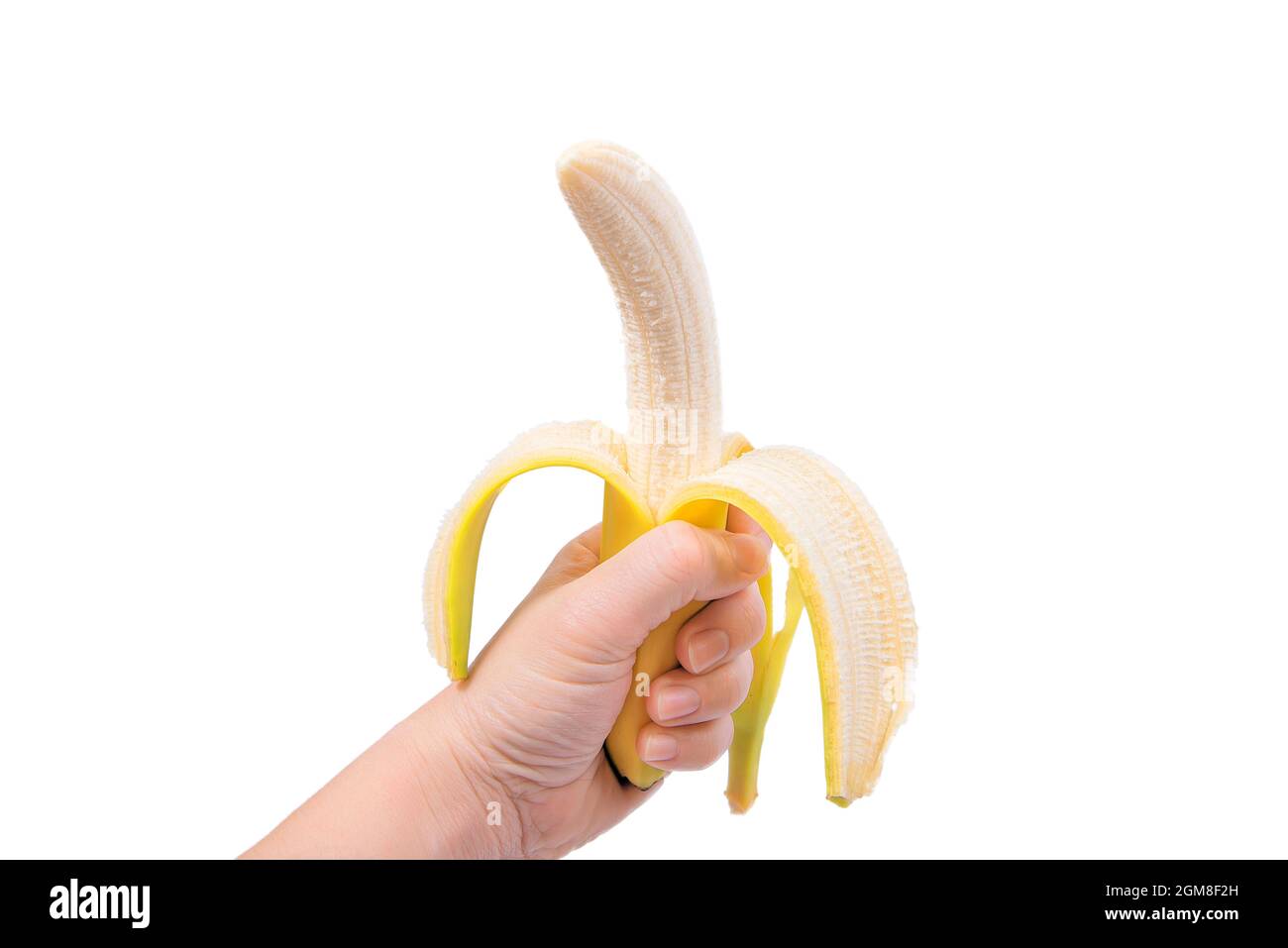 Fresh open yellow banana in hand isolated on white Stock Photo - Alamy