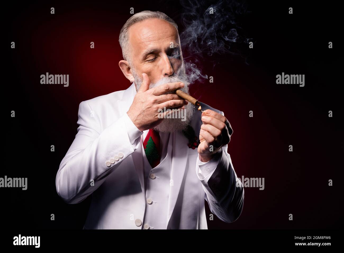 Photo of aged man smoke fume smoking cigarette addicted wear suit ...