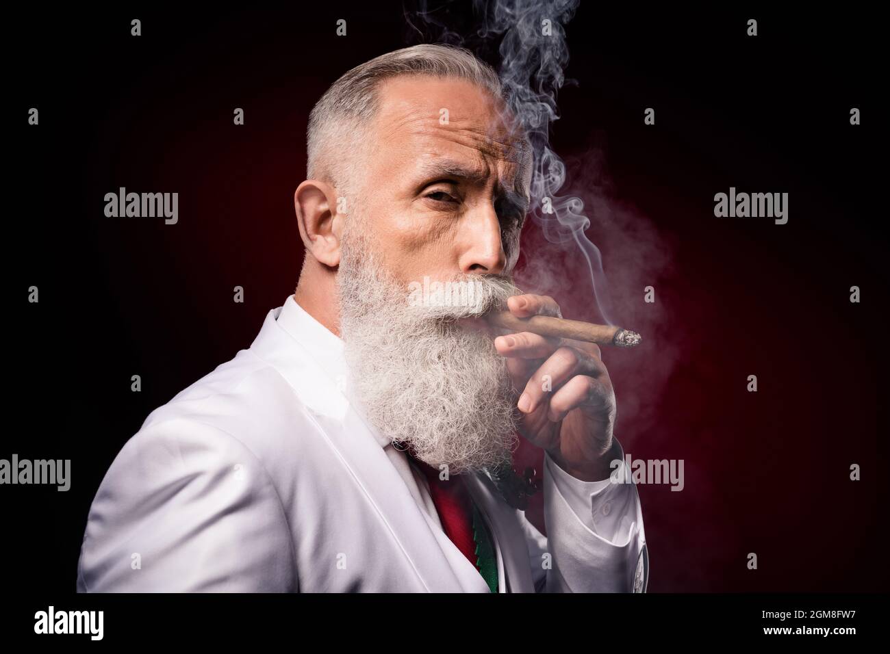 Profile side photo of mature serious man smoke cigar fume nicotine ...