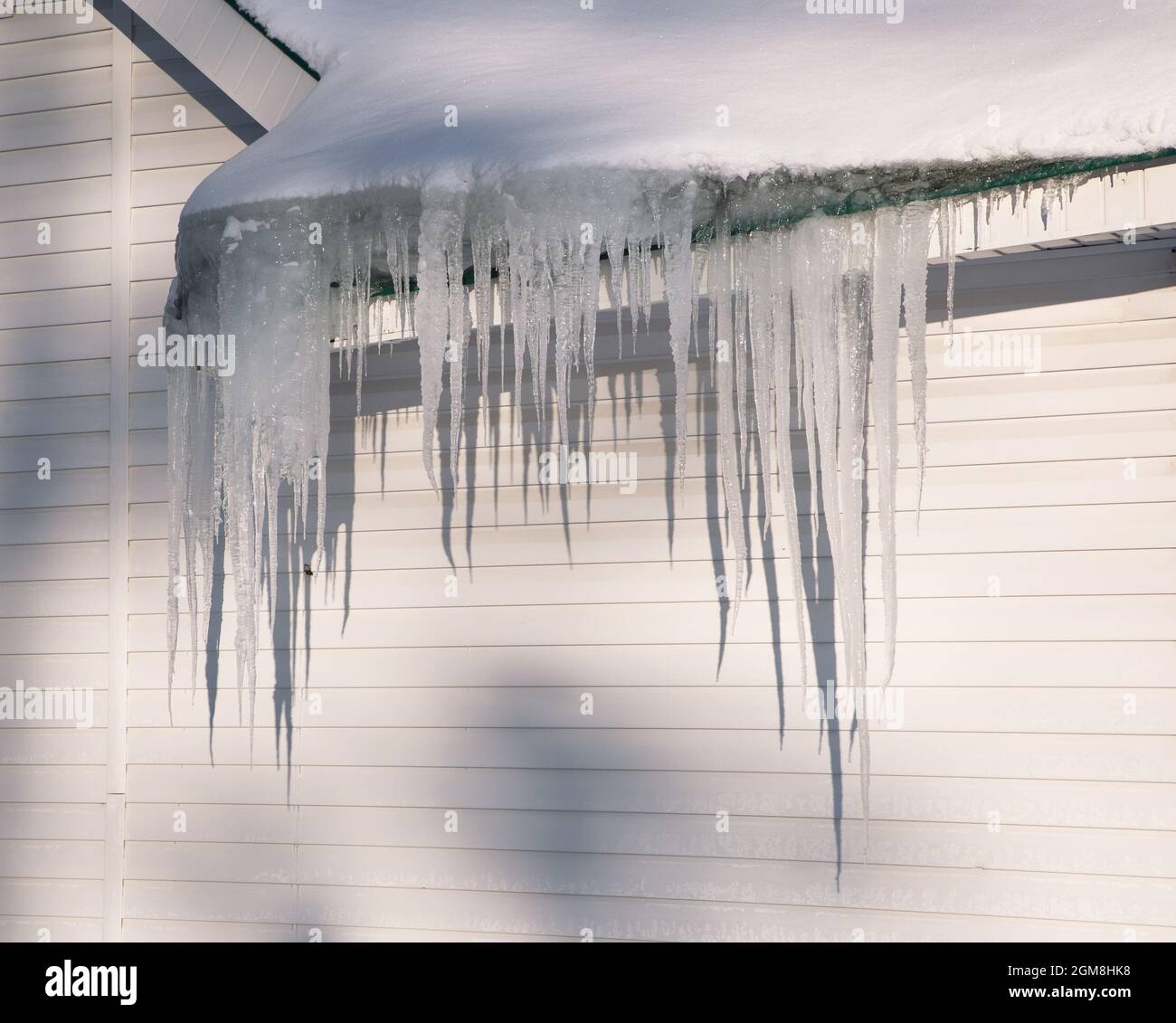 Icicle in winter. Transparent large icicles hang from the roof. Winter ...