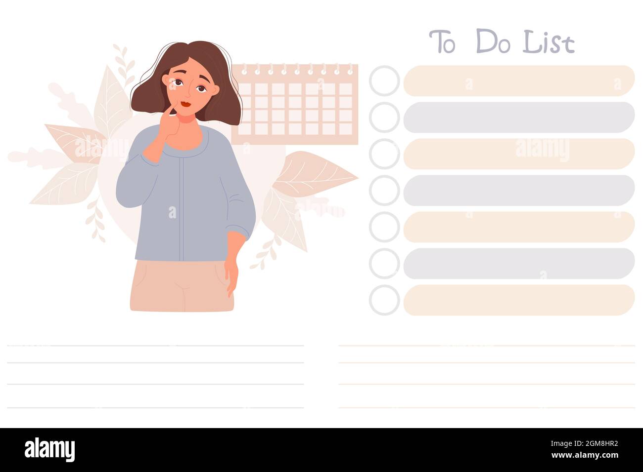 Girl and To-Do List. A cute pensive girl on a decorative background ...