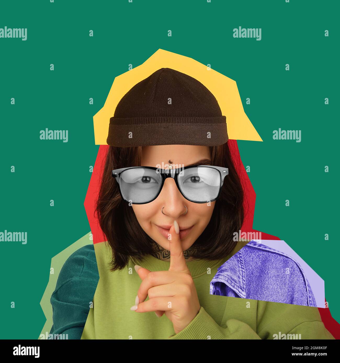 Modern art collage. Young woman's portrait made of different pieces of ...