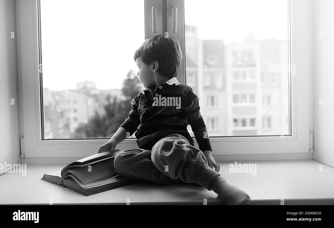 The little boy is reading a book. The child sits at the window and ...
